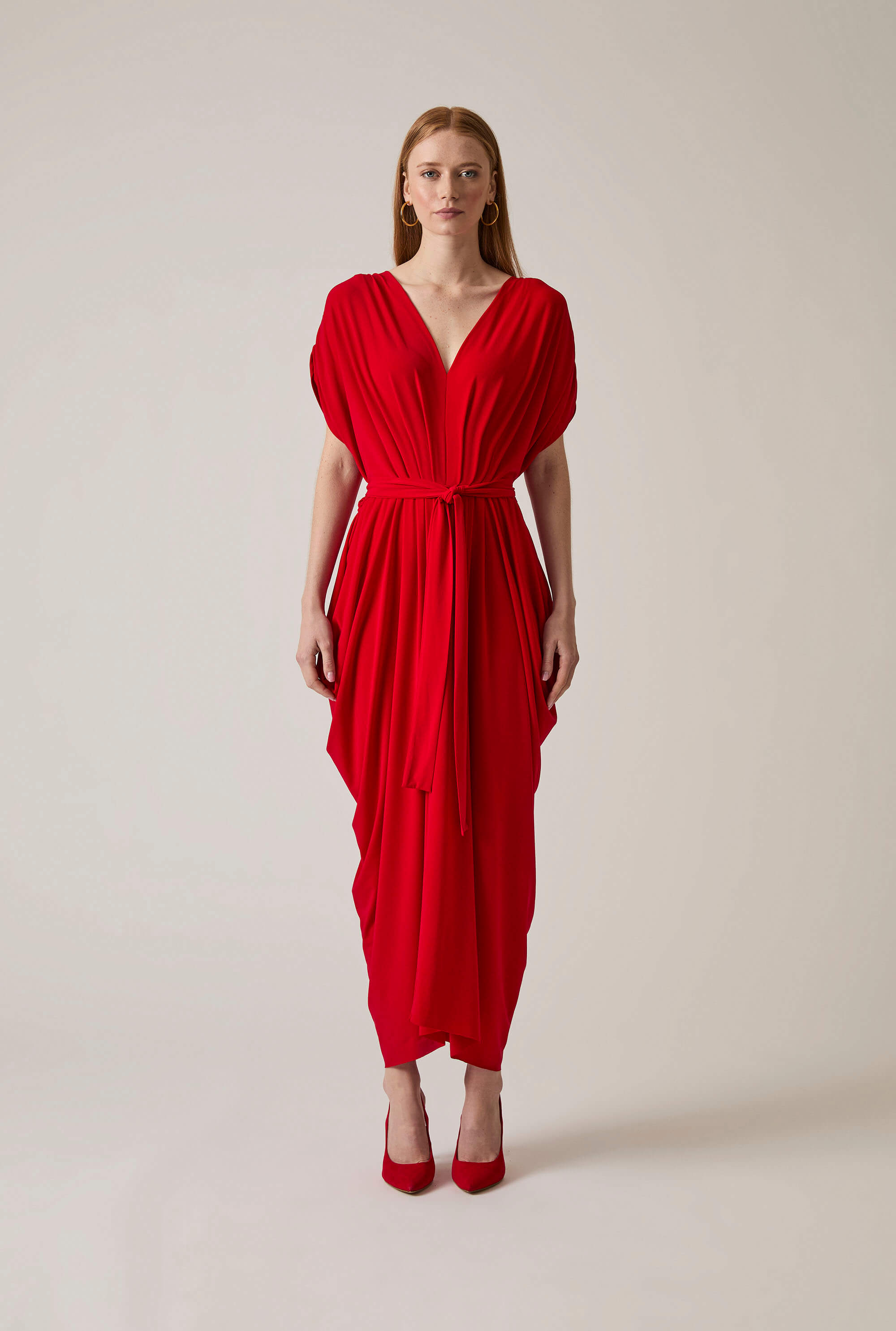 Draped Maxi Red Dress – Statement Red Draped Maxi Dress – James Lakeland